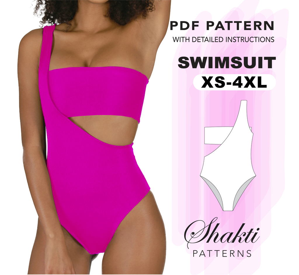 One Shoulder Swimsuit Sewing Pattern, Size XS-4XL, Digital Pattern – Shakti Patterns